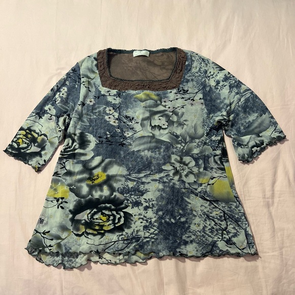 Vintage | Tops | Y2k Whimsigoth Blue And Yellow Floral Blouse | Poshmark